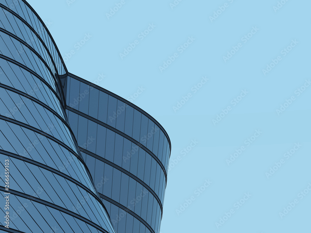 3D stimulate of high rise curve glass building and dark steel window ...