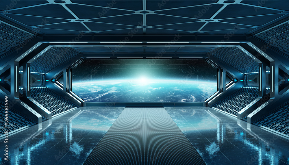 Dark blue spaceship futuristic interior with window view on planet ...