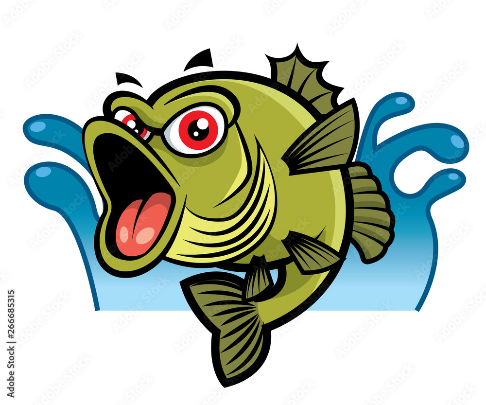 Cartoon Cute big red eyes bass fish character. Water splash background ...