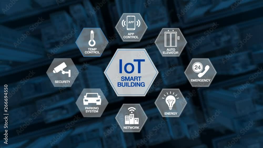 Intelligent Smart building in smart city, Aerial x-ray view, IoT smart ...