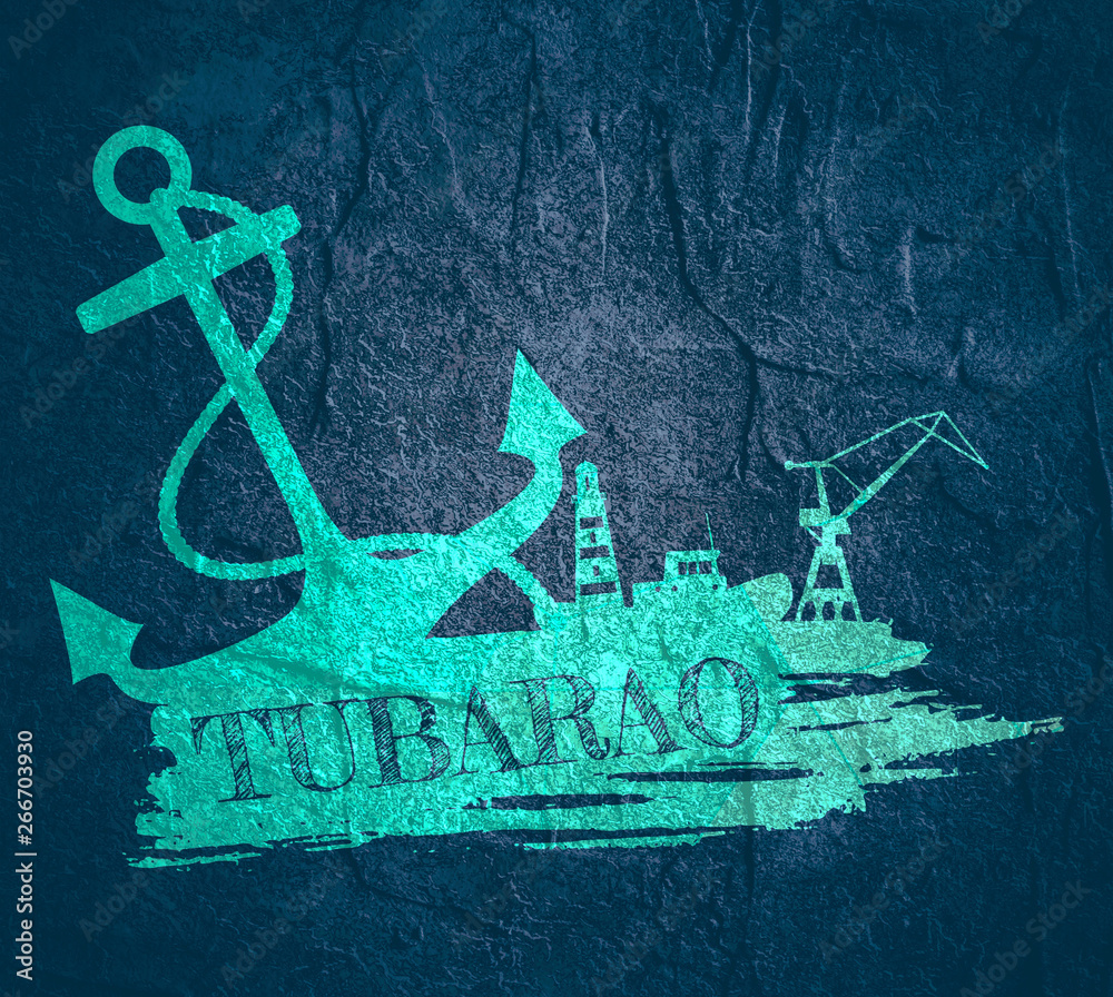 Anchor, lighthouse, ship and crane icons on brush stroke. Calligraphy ...