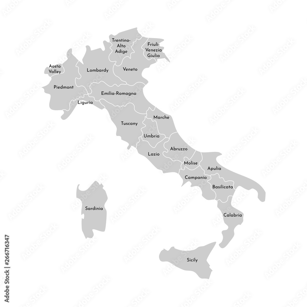 Vector isolated illustration of simplified administrative map of Italy. Borders and names of the ...