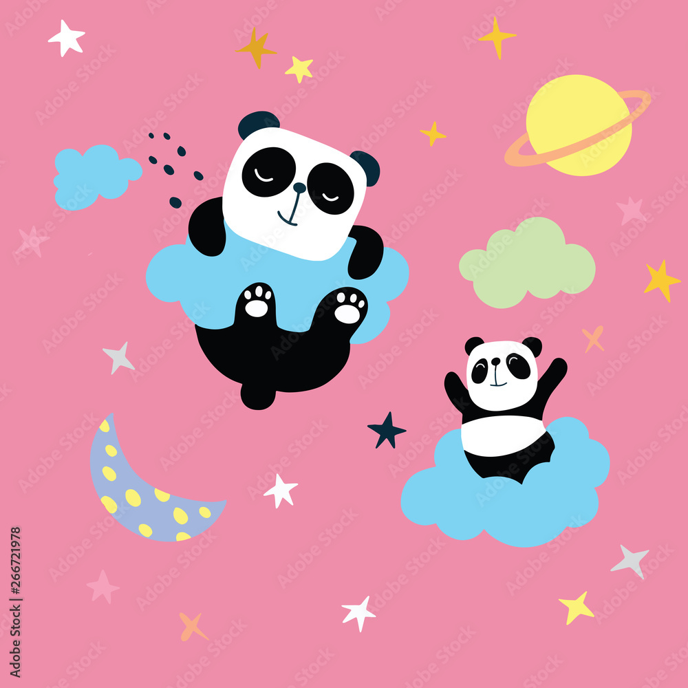 Vetor de Panda Pattern Background, Happy cute panda flying in the sky ...