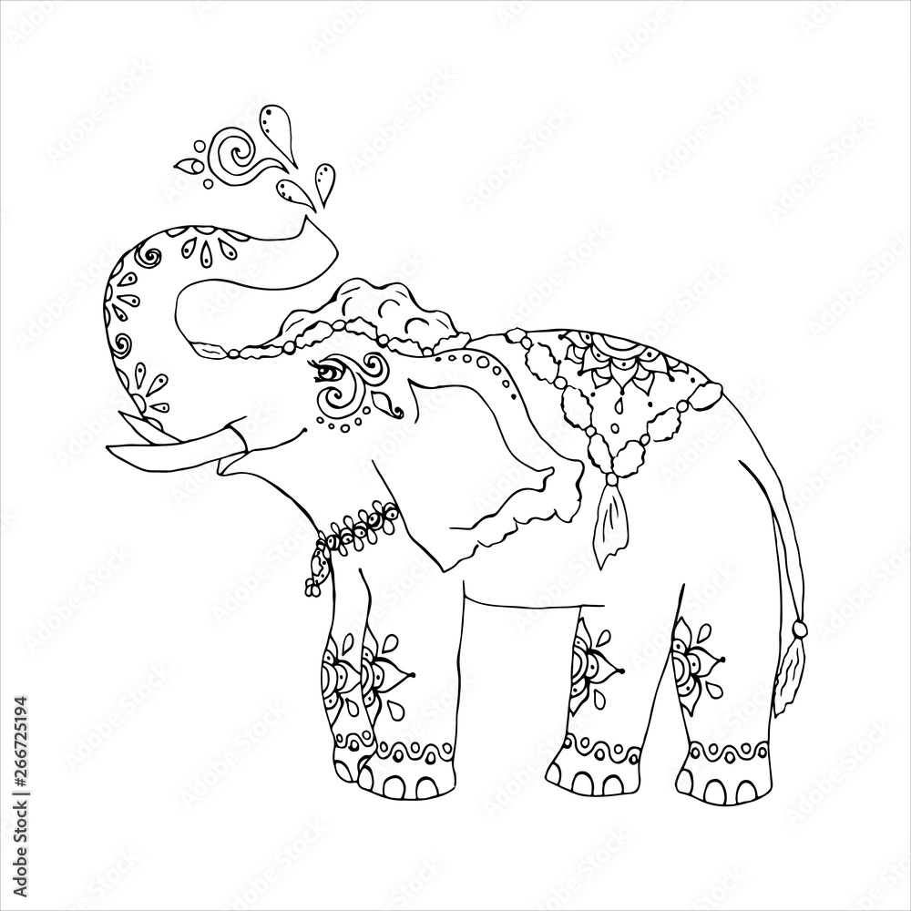 Indian mehndi style elephant single element outline, isolated on white ...