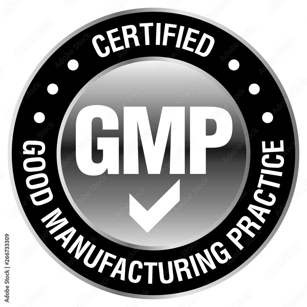 GMP (Good Manufacturing Practice) certified round stamp on white ...