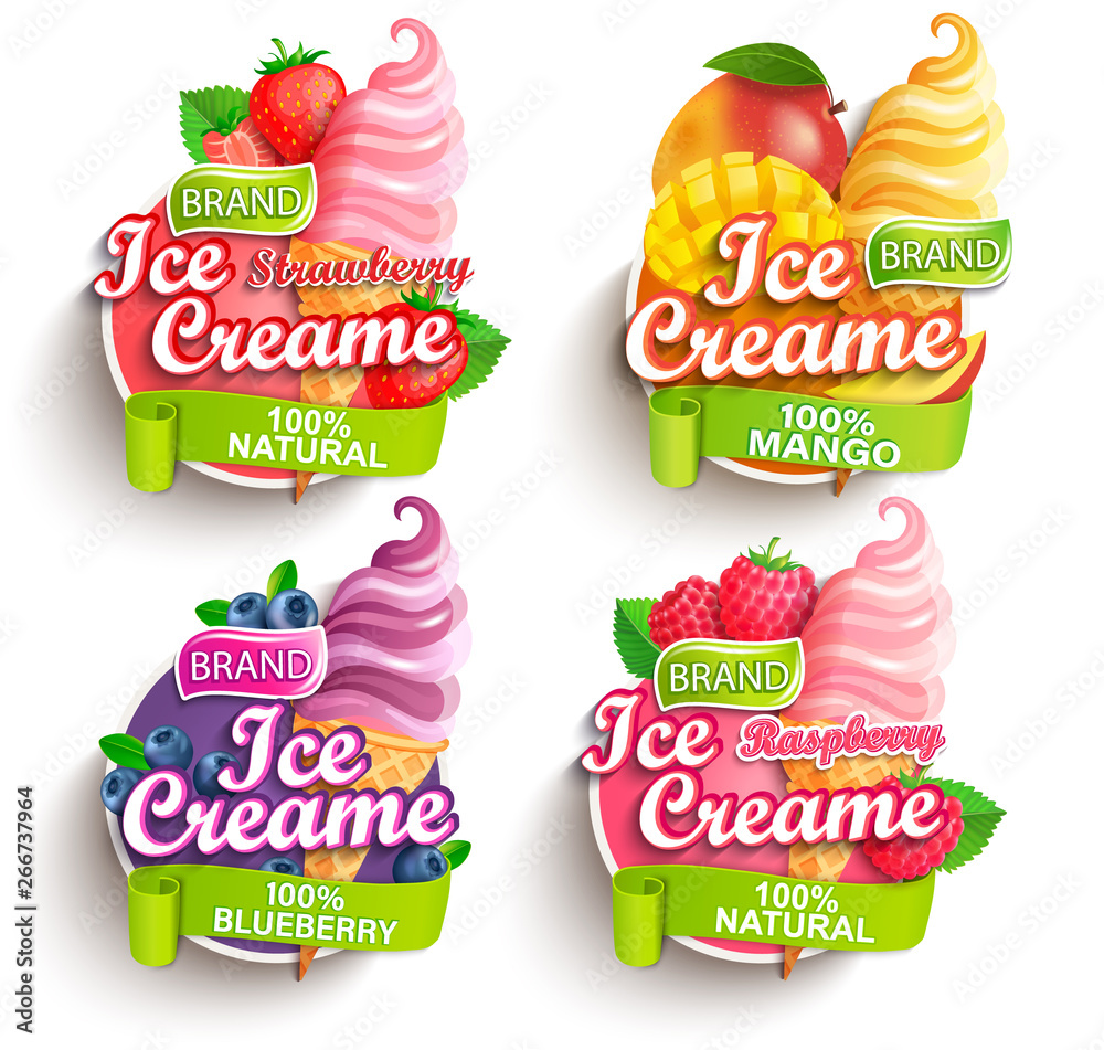 Set of strawberry, mango, blueberry and raspberry Ice cream logos with ...