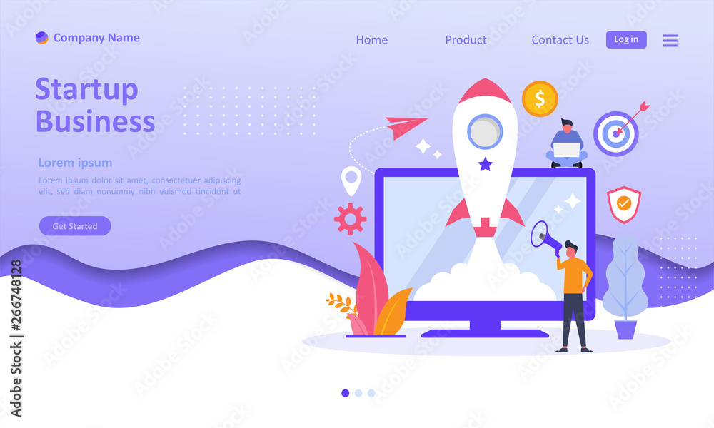 Business Startup launch concept with rocket icon on screen. People ...