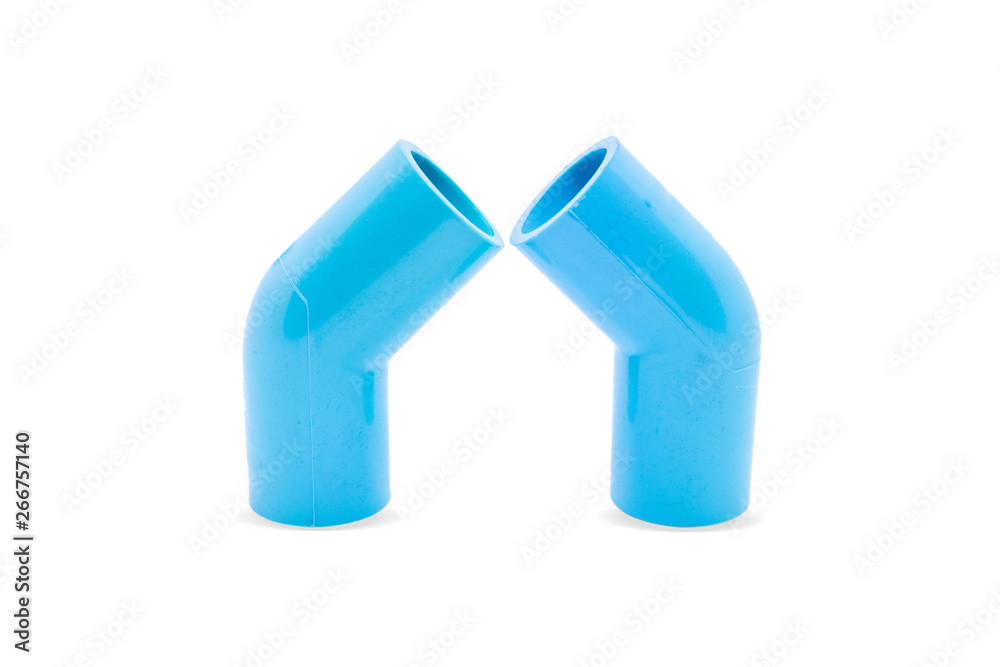 PVC blue pipe elbow 45 degree connect fitting isolated white background ...