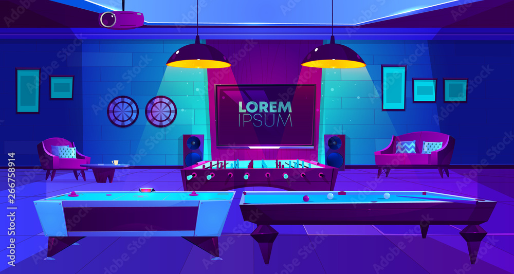 Recreation room for leisure interior in house basement at night with ...