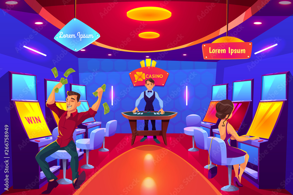 Casino gambling hall interior cartoon vector. Smiling croupier standing ...