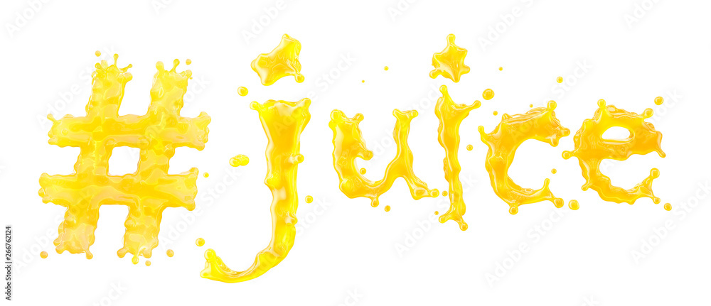 Juice splash with droplets in the form of word "Juice" and hashtag sign ...