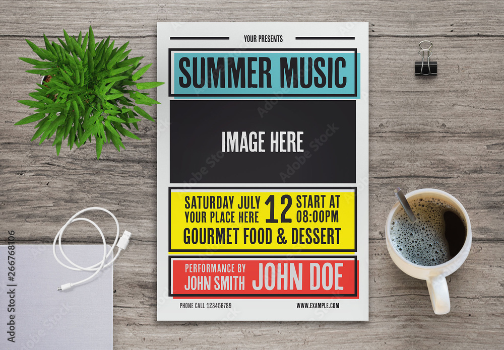 Colorful Summer Music Flyer Layout with Graphic Accents Stock Template ...