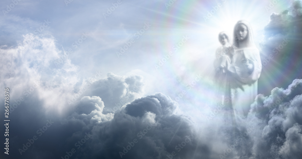 Apparition Of The Virgin Mary And Baby Jesus In The Clouds Stock Photo ...