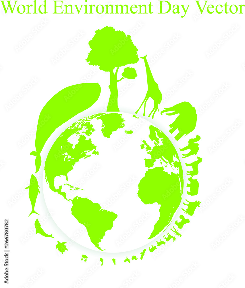 World environment day - Green art color animals surround earth concept ...