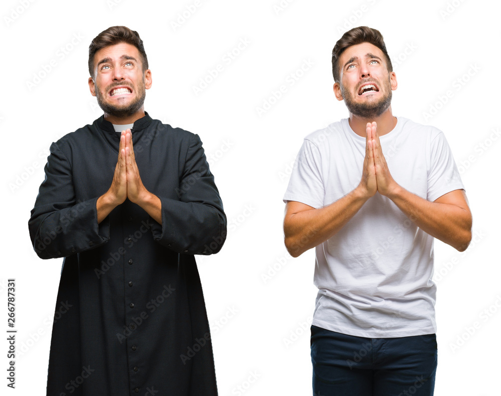 Collage of handsome young man and catholic priest over isolated ...