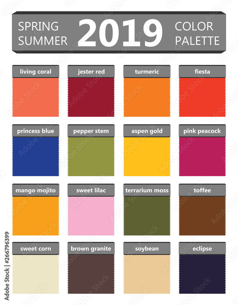 Spring and summer 2019 colors palette. Fashion trend guide. Palette ...