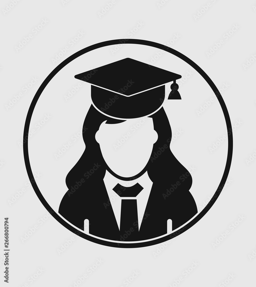 Female graduate student profile icon with gown and cap. Flat style ...