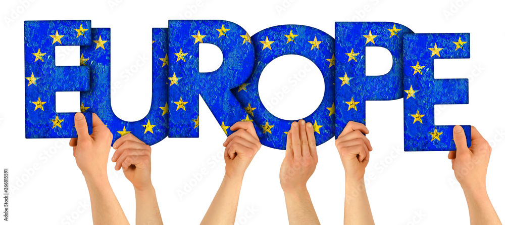 people arms hands holding up wooden letter lettring forming word Europe ...