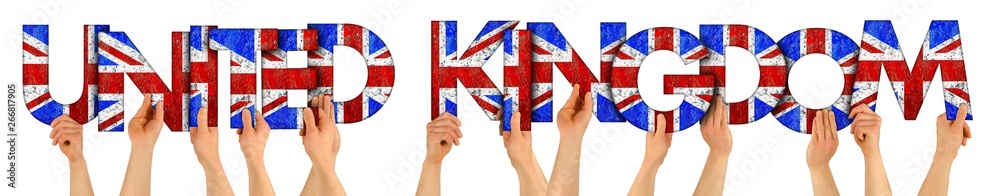 people arms hands holding up wooden letter lettering forming words ...