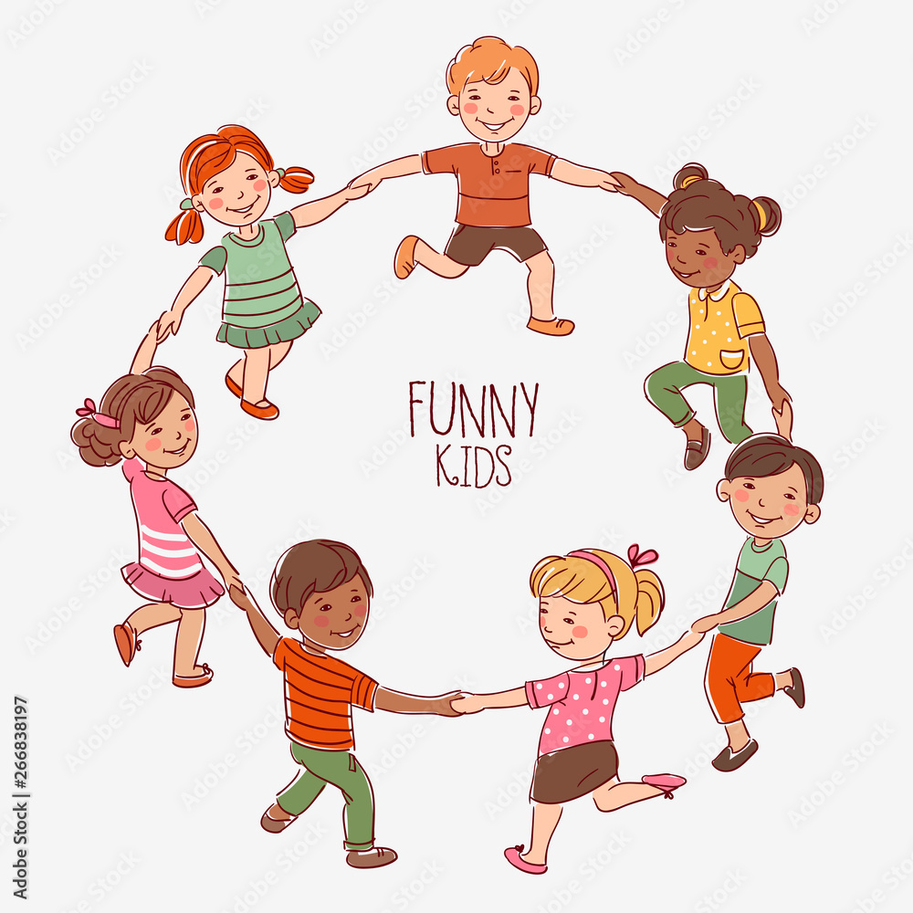 Happy kids holding hands and dancing in a circle. Cute boys and girls ...