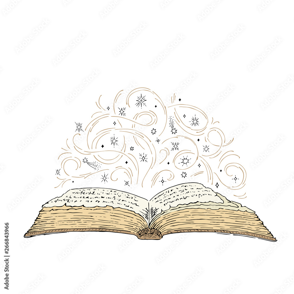Magic old book. Vector sketch of an open book with curls and stars ...
