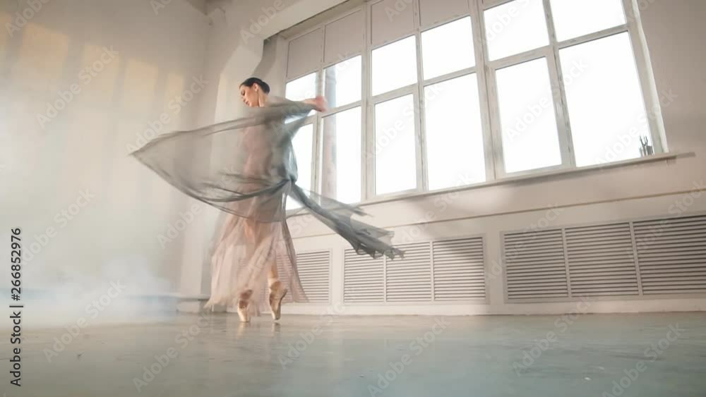 Modern ballet dancer in scenic flowing costume working out at studio ...
