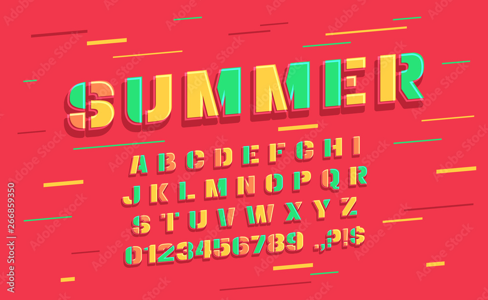 Vector summer font and alphabet. Set of colorful letters and numbers ...