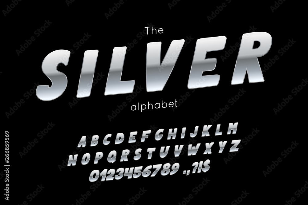 Vector font and alphabet. Set of latin letters and numbers. Silver type ...