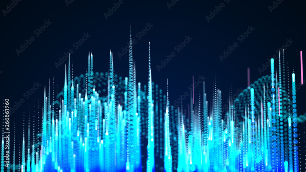 3D illustration rendering, glowing digital sound waves of blue shining ...