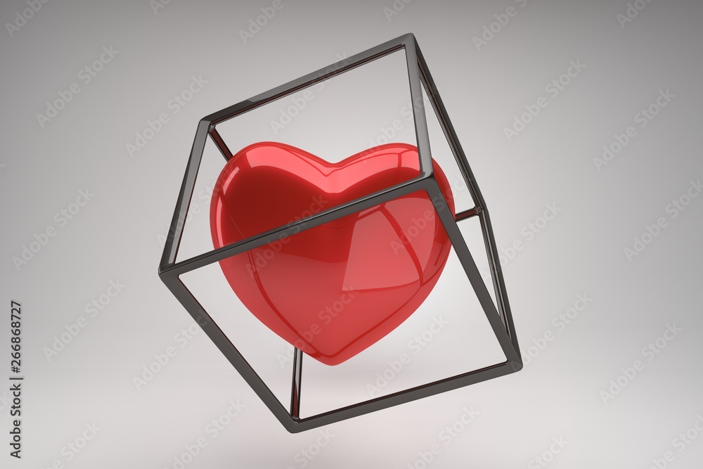 Red heart symbol in a black cube frame on a gray background, modern ...