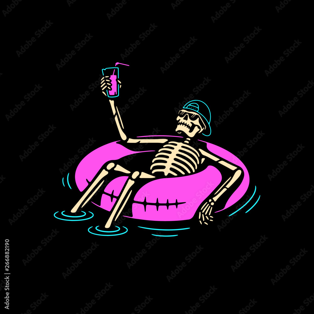 SKELETON IN CAP CHILLING WITH COCKTAIL AND SWIM RING COLOR BLACK ...