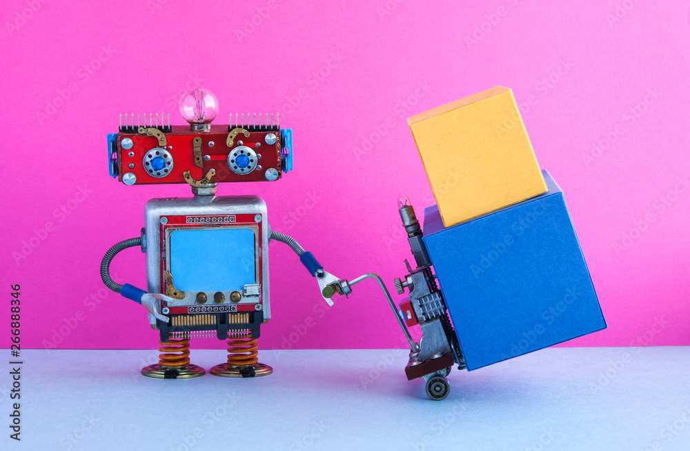 Robotic logistic delivery service concept. Robot moving big containers ...