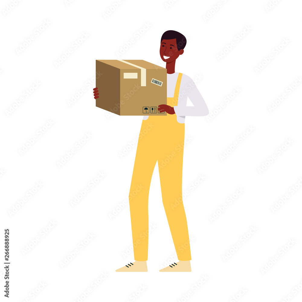 African-American loader in overalls holding brown box cartoon style ...