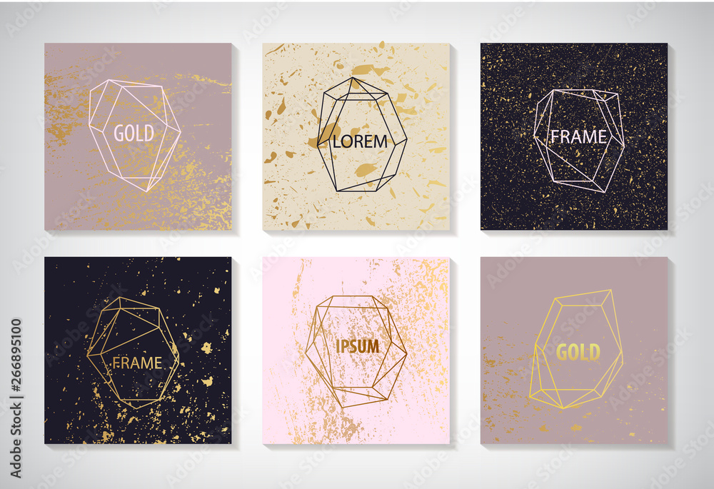 Vector set of line golden frames, cards with texture. Wedding ...
