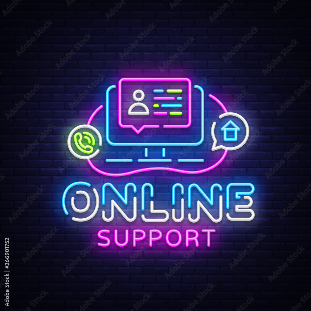 Online Support neon sign vector design template. Call Center neon logo ...