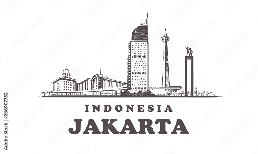 Jakarta sketch skyline. Jakarta, Indonesia hand drawn vintage vector ...