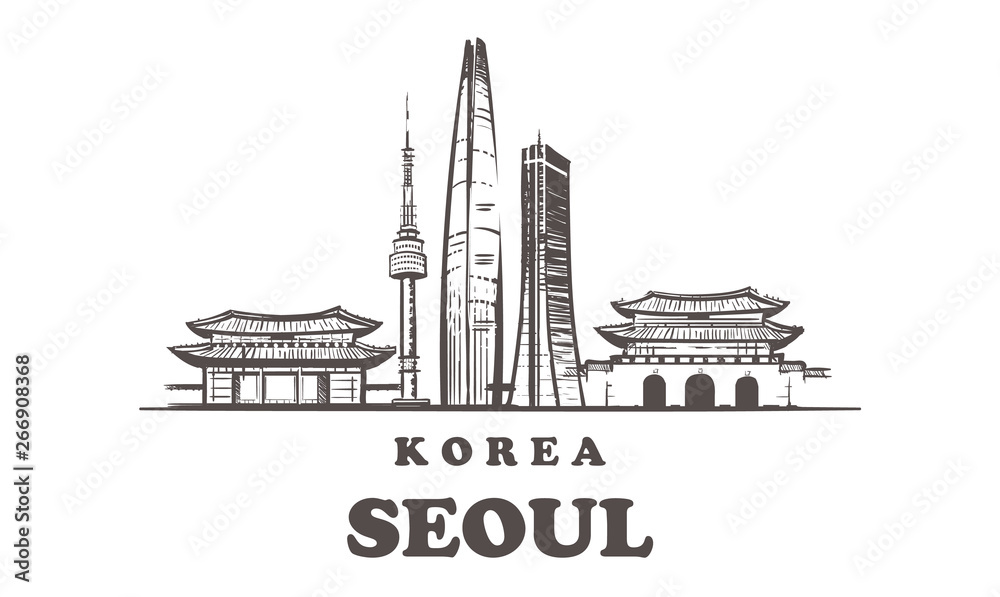 Seoul sketch skyline. Korea, Seoul hand drawn vector illustration ...