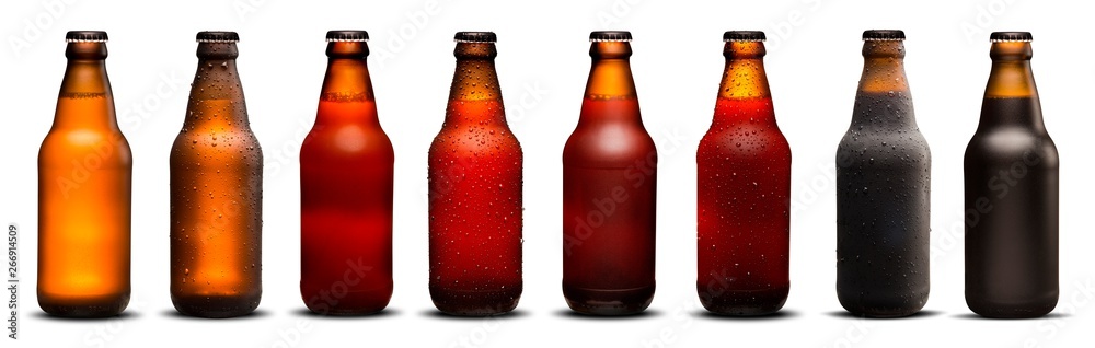 300ml beer bottles with drops and dries on white background. Pilsen ...