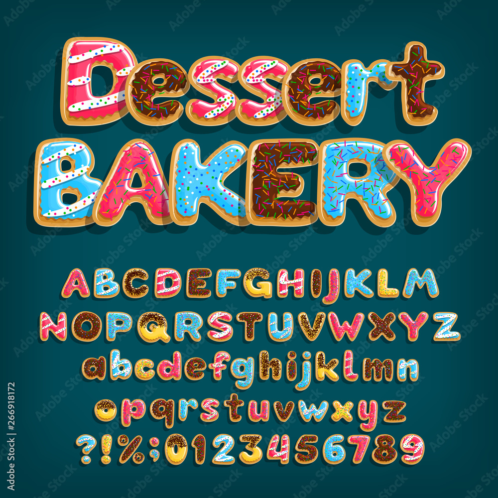 Dessert Bakery alphabet font. Uppercase and lowercase dessert letters ...