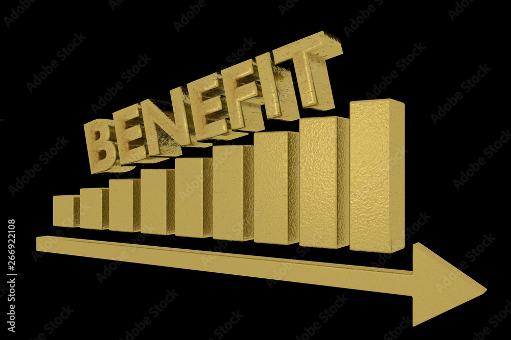Benefit gold chart in 3d on black background with arrow - Illustration ...