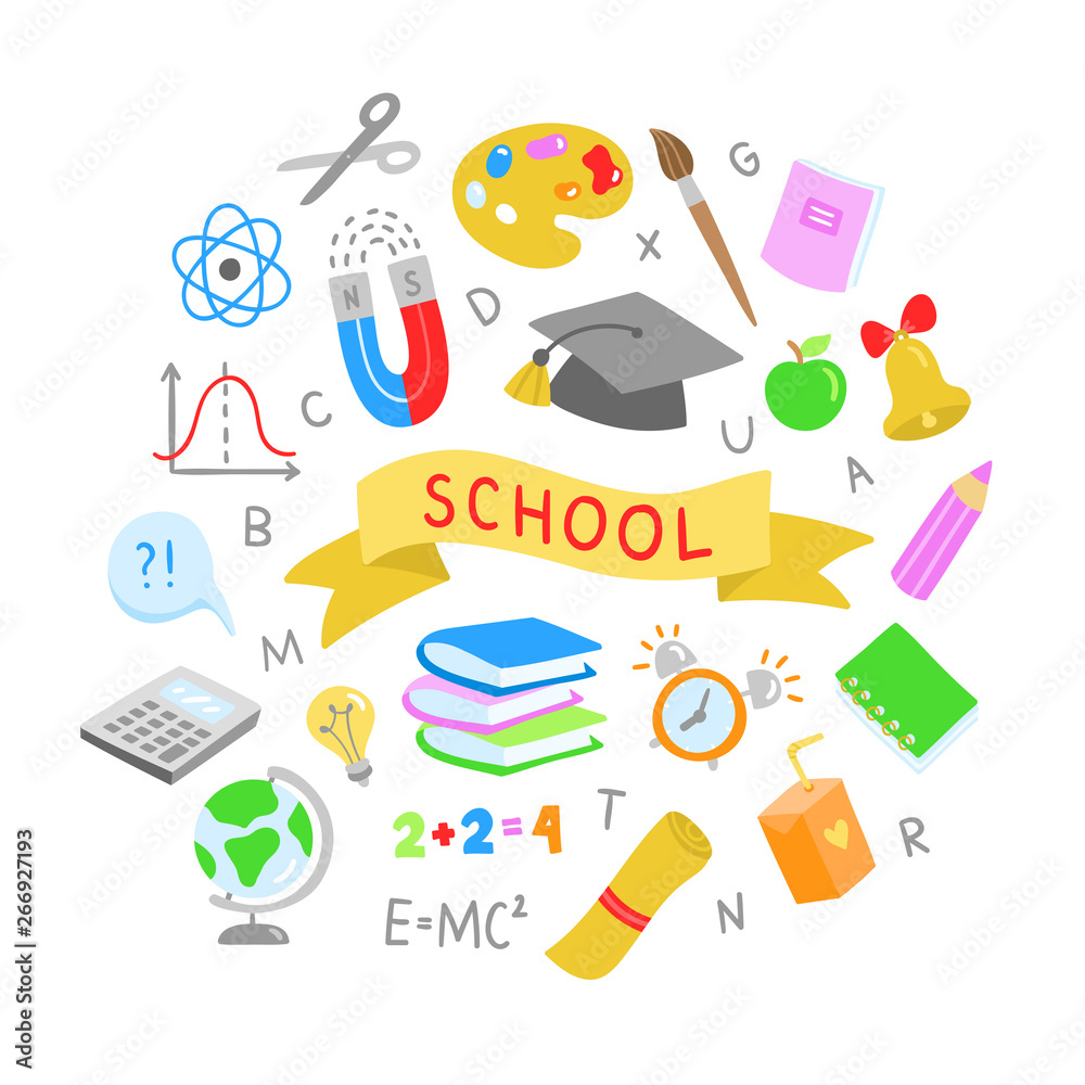 School vector icons on white background. Cute learning illustrations ...