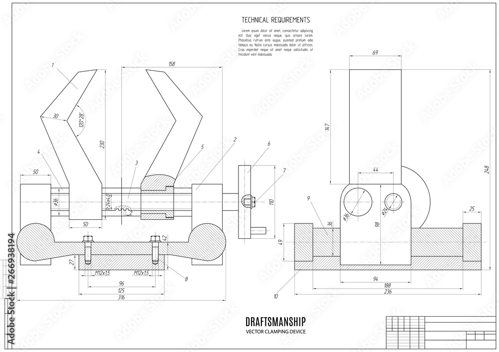technical drawing of the clamping device, construction project or plan ...