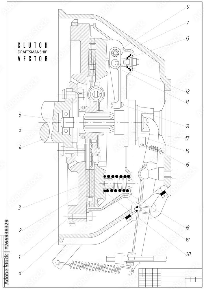 technical drawing the clutch, construction draft with vertical frame on ...