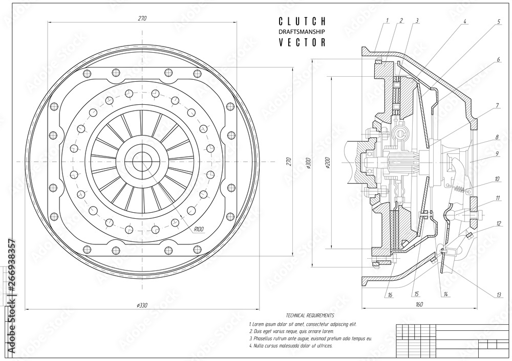 technical drawing the clutch, construction draft with horizontal frame ...