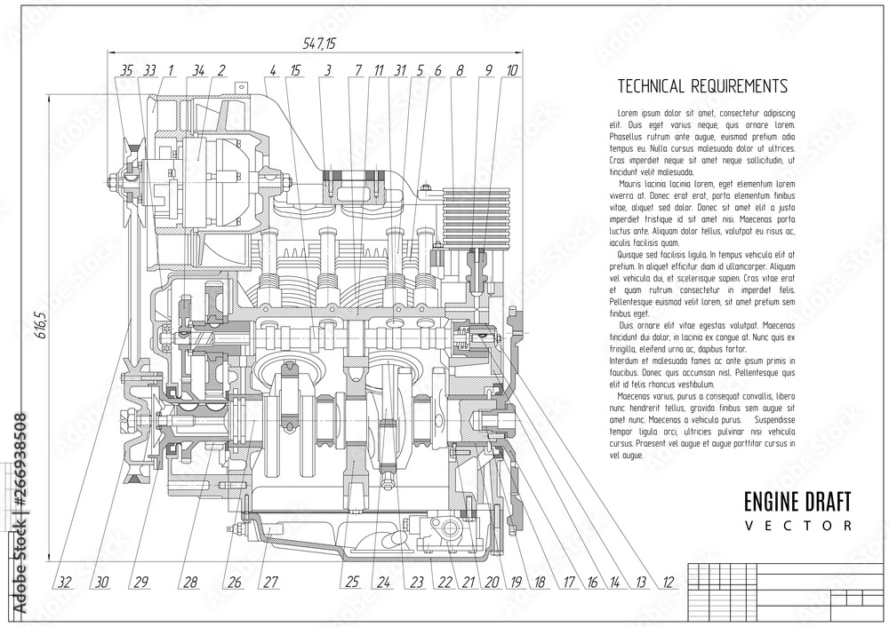 technical drawing engine, construction project or plan with horizontal ...
