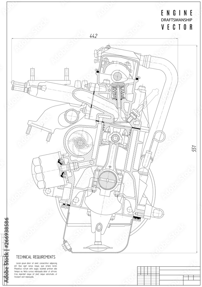 technical drawing engine, construction project or plan with vertical ...