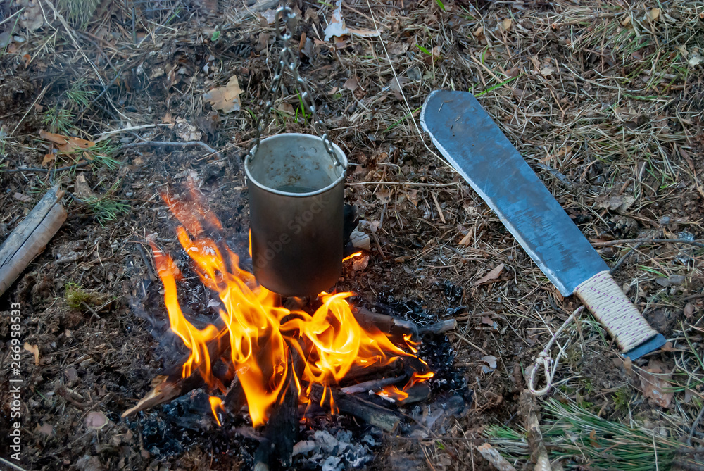Cooking on a fire in a wild campsite. Adventure, travel, tourism and ...