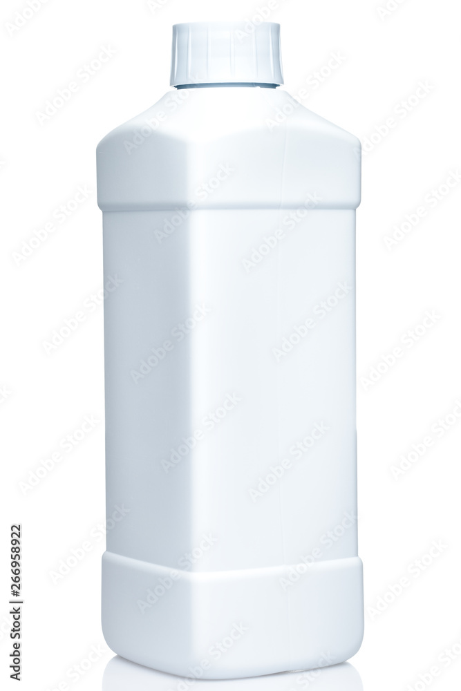 A plastic bottle is side view, a mock up square shaped container with a ...