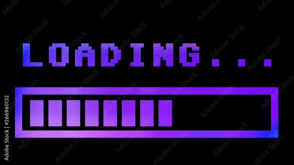 8-bit retro style loading text with progress bar, with a purple grading ...