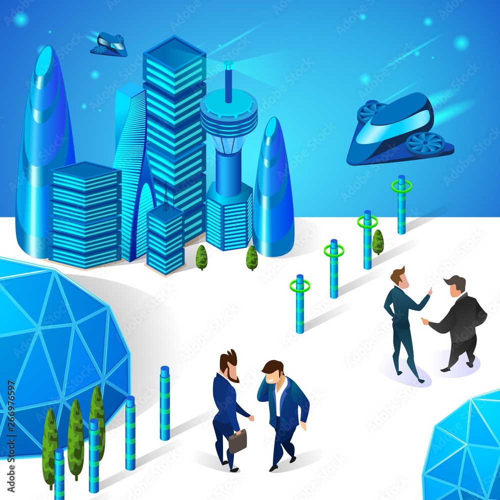 Businessmen Characters Communicating in Futuristic City with Modern ...
